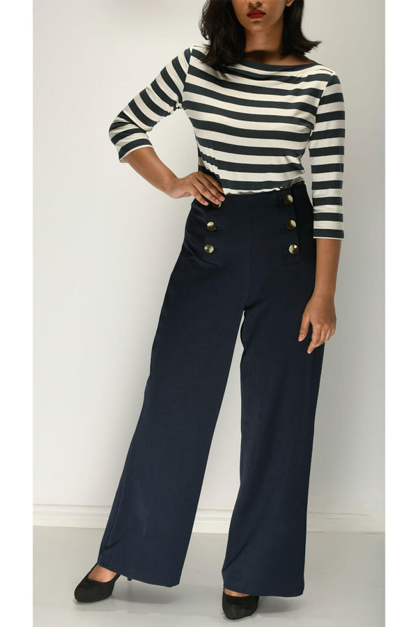 50s Style Quarter Sleeves Janet Slash Neck Top In Petro Blue and Ecru ...