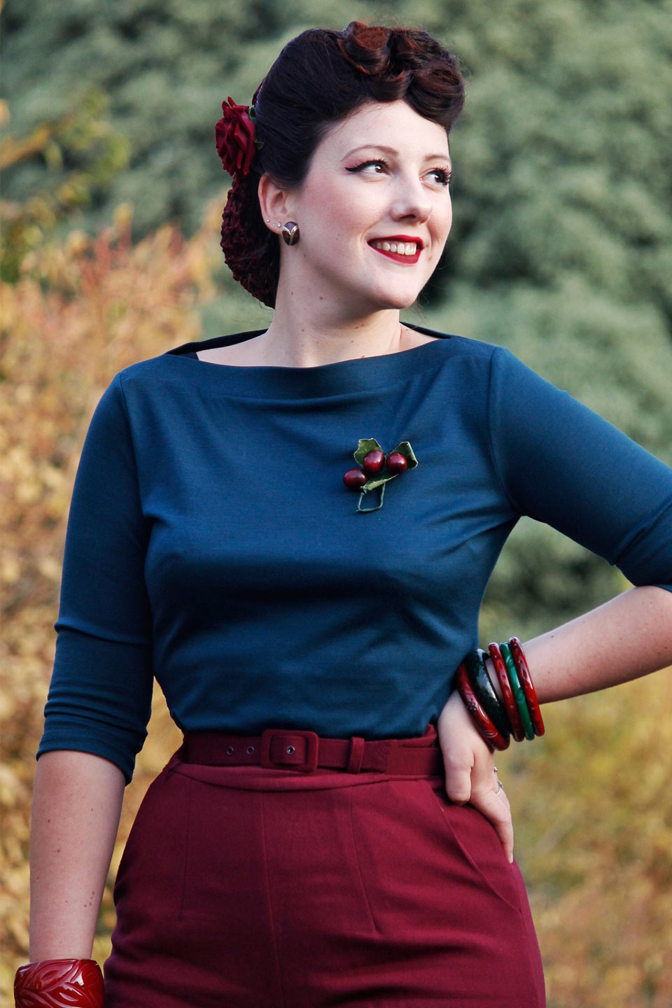 50s Style Quarter Sleeves Janet Slash Neck Top In Bottle | Retro Pin Up ...