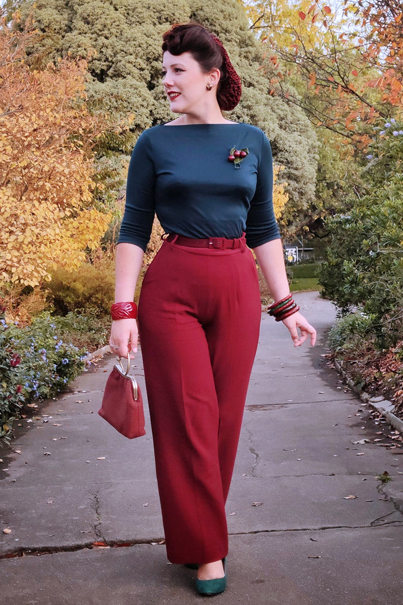 50s Style Quarter Sleeves Janet Slash Neck Top In Bottle | Retro Pin Up ...