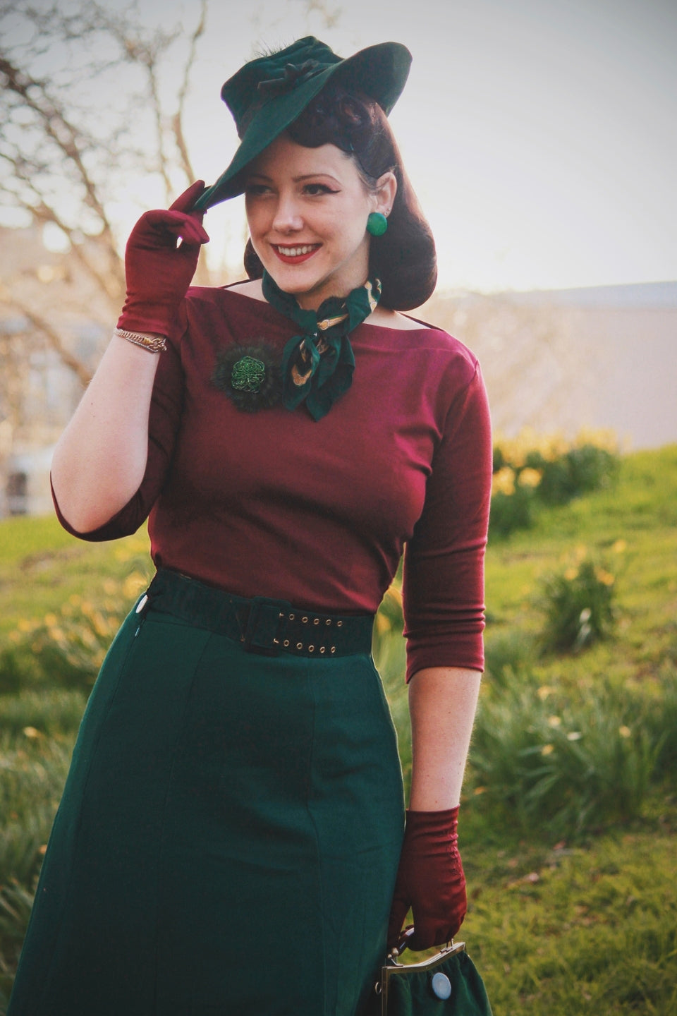 50s Style Quarter Sleeves Janet Slash Neck Top In Bottle | Retro Pin Up ...