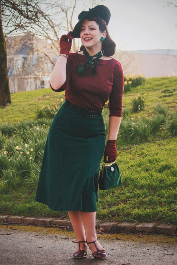 50s Style Quarter Sleeves Janet Slash Neck Top In Bottle | Retro Pin Up ...