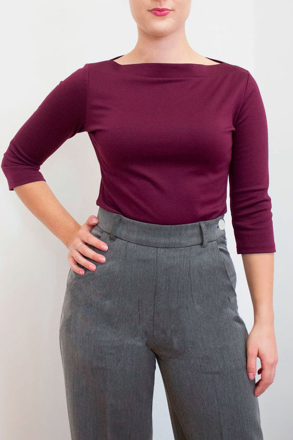 50s Style Quarter Sleeves Janet Slash Neck Top In Burgundy | Retro Pin ...